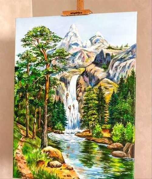 Картина маслом «Горный пейзаж с водопадом»
