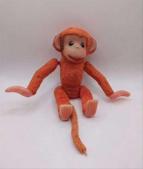 Игрушка обезьяна заводная механическая плюш винтаж