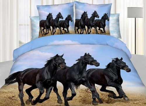 Новое постельное белье из шелка Вороные кони евро