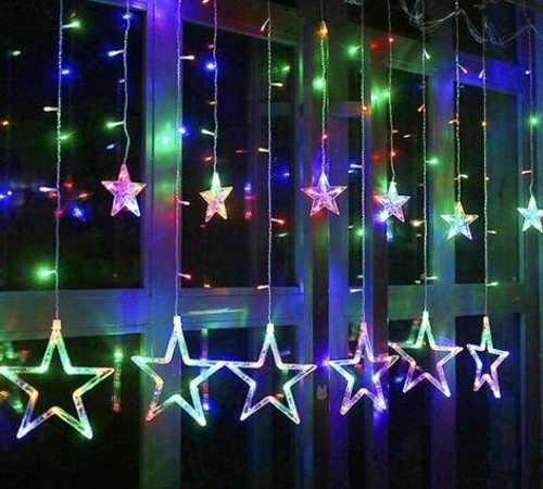 Гирлянда новогодняя, штора со звёздами, цветная 3м