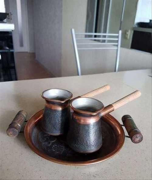 Комплект турки для кофе 2шт на подносе медные СССР