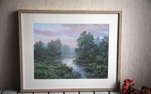Картина сухой пастелью "Вечер, закат, река"