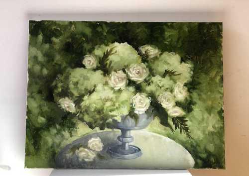 Картина маслом на холсте ‘Зелёные гортензии с роза