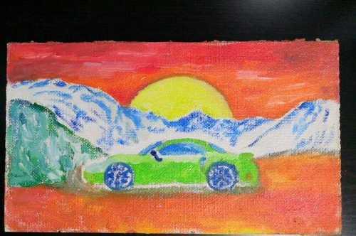 Картина маслом "Автомобиль и закат" подарок