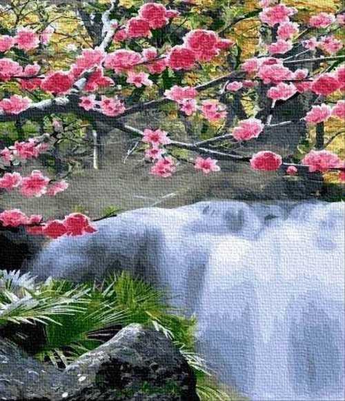 Картина по номерам "Сакура у водопада"