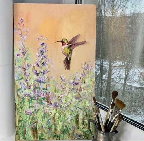Картина Колибри и цветы Птицы Лаванда маслом 50х30
