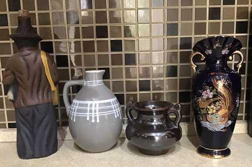 Бутылка глиняная для вина, горшки, вазы, подсвечни