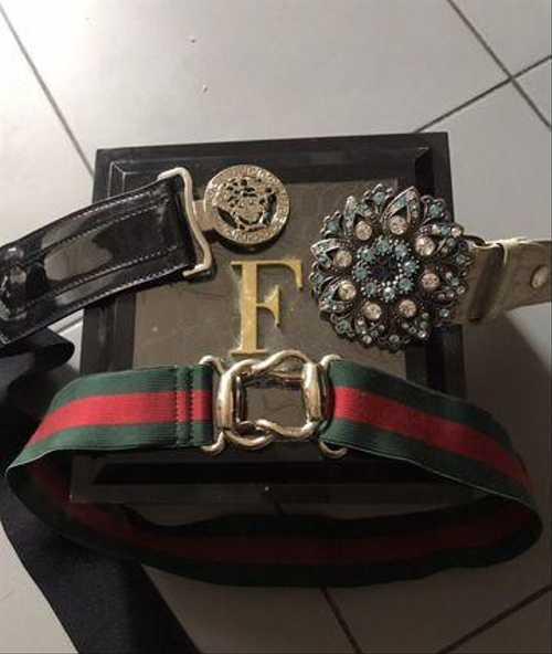Ремень Gucci, Versace, кожаный в камнях
