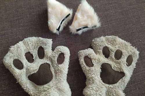 Перчатки митенки кошачьи лапы, кошачьи уши