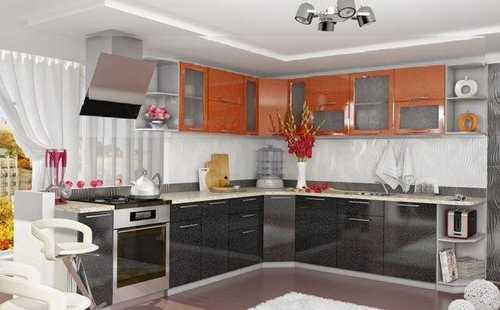 Кухонный гарнитур оранжево-черный металлик