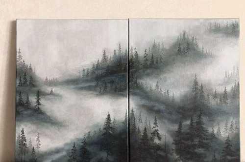 Картина маслом в интерьер модульная «Лес в тумане»