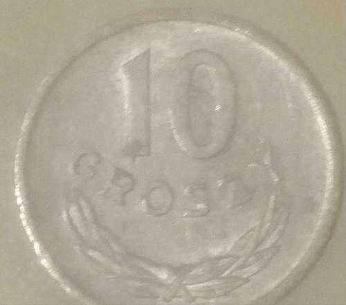 Монета Польша 10 грошей 1974год алюминий