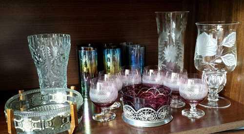 Винтаж вазы конфетницы рюмки цветное стекло СССР