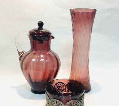 Графин, конфетница и ваза из марганцевого стекла