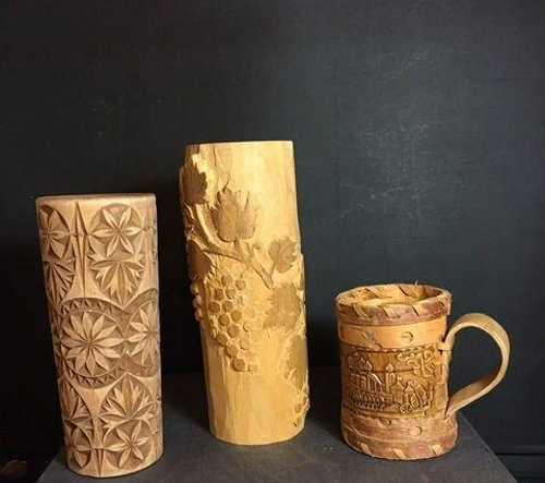 Кружка из бересты и две деревянные вазочки
