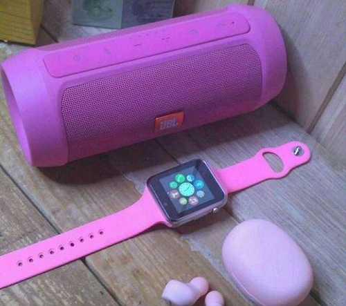 Розовый трио набор: колонка+часы+наушники
