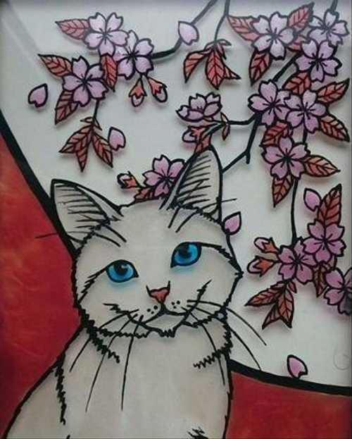 Картина "Кошка и Сакура"