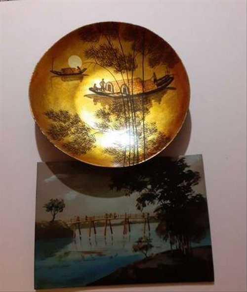 Лаковый рисунок, настенная тарелка Вьетнам