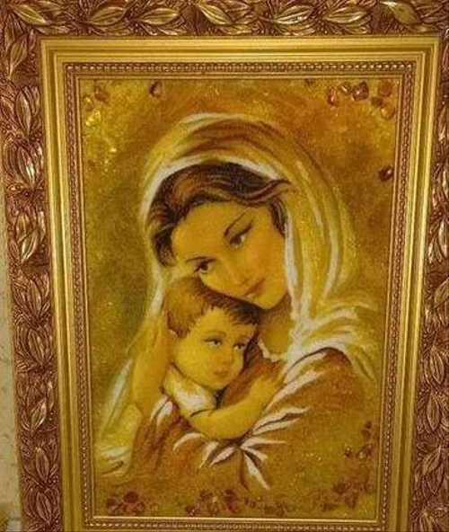 Картина мать и дитя из натурального янтаря