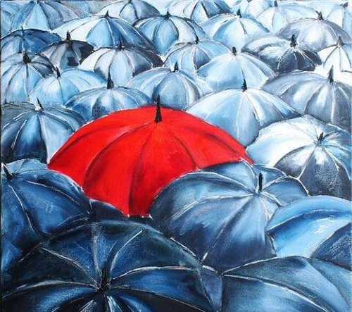 Картина маслом на холсте 50*50см Красный зонтик
