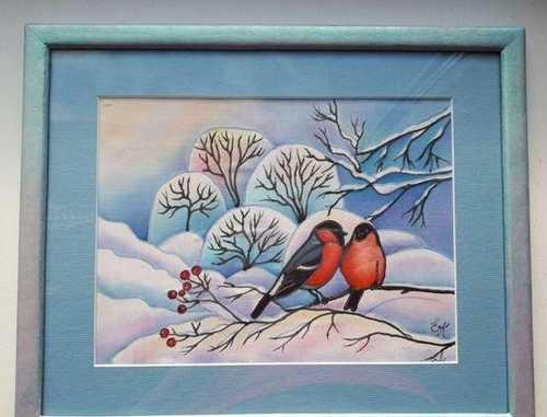 Картина "Снегири" батик интерьерное панно подарок