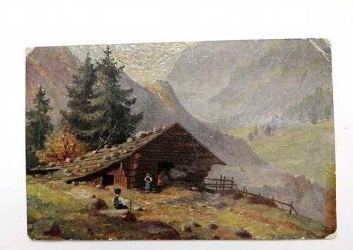 Старинная открытка Дом в горах тиснение Германия
