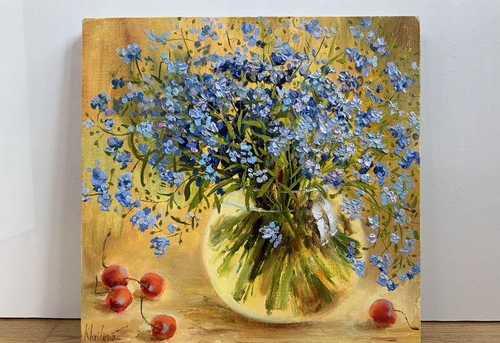 Картина Незабудки Голубые цветы маслом 30х30 см