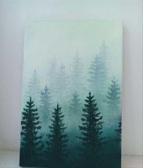 Картина маслом ели, лес, туман