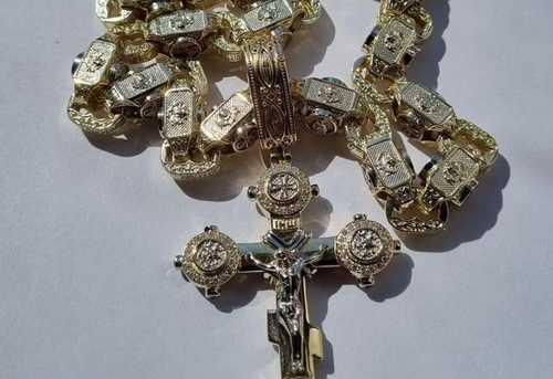 Золотая цепь с ликами святых и крестом 205 грамм