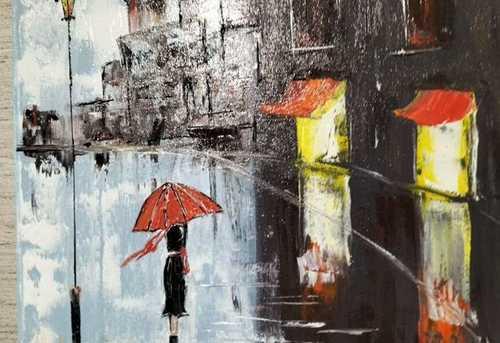 Картина маслом на холсте " Город под дождем"