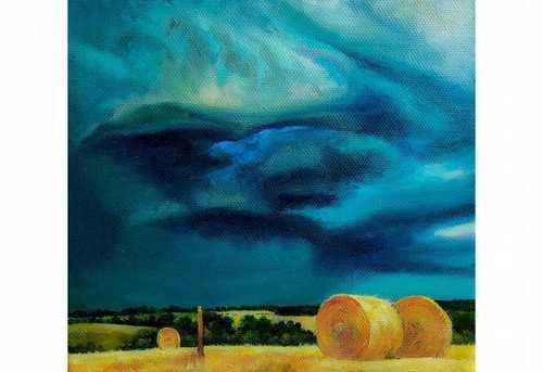 Картина маслом на холсте пейзаж поле Гроза