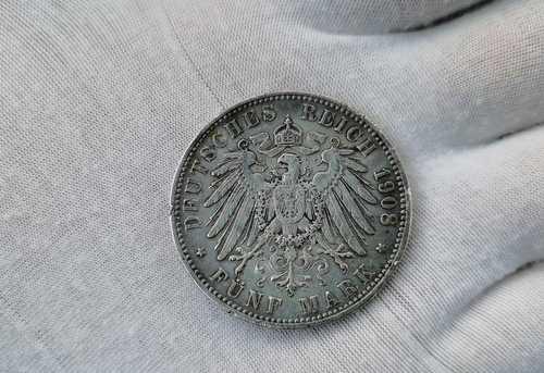 Монета 5 марок 1908 Германия Бавария Австрия