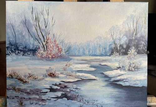 Картина маслом "Зимняя река"
