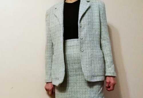 Твидовый серый жакет +юбка мини -костюм 44-46