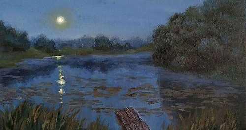 Картина маслом Лунная ночь Деревенский пейзаж
