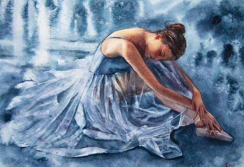 Картина акварелью балерина "Голубая танцовщица"