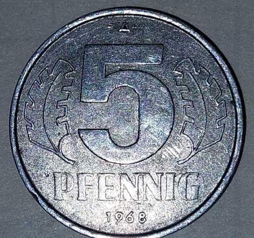 Монета 5 pfennig 1968 года