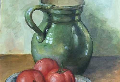 Кувшин, натюрморт с помидорами, картина
