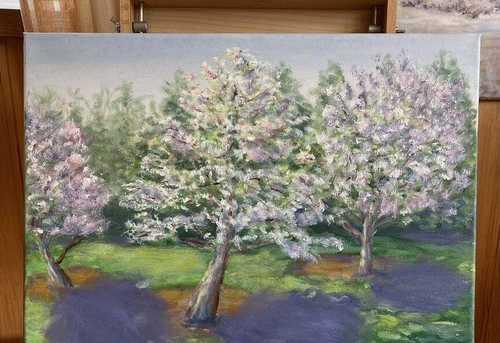 Картина с цветами деревья масло на холсте пейзаж