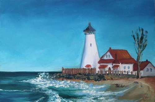 Картина дом с маяком, морской пейзаж, волны