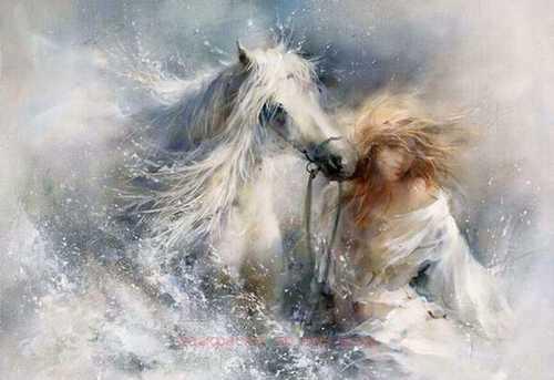 Алмазная мозаика 40x50 Девушка и белогривая лошадь