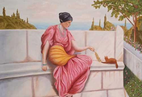 Картина маслом на холсте "дама с котёнком" 5070