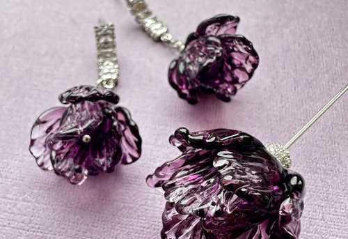 Серьги бутоны из аметистового стекла