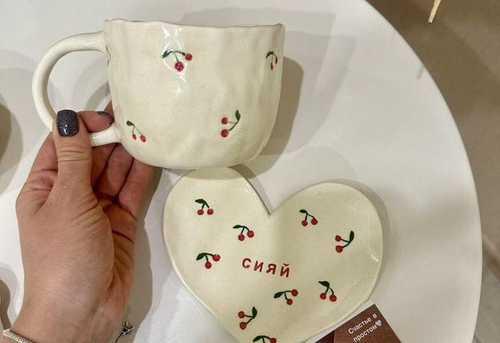 Чайная пара с вишнями из керамики
