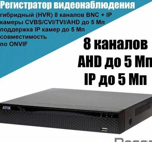 Регистратор для камер видеонаблюдения гибридный atix AT-HVR-1108A (BitVision), 8 каналов AHD до 5 Мп