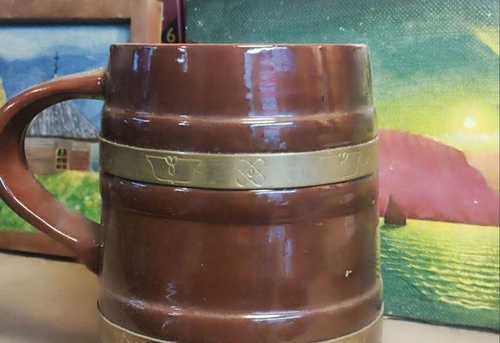 Кружка пивная большая бочка керамика латунь