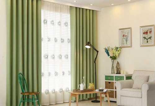 Комплект штор из рогожки зеленого цвета 150*245 см