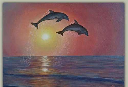 Дельфины. Картина маслом