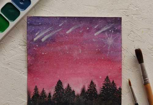 Картина акварель "Зимняя ночь"