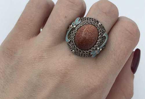 Перстень кольцо Серебро авантюрин эмаль Китай